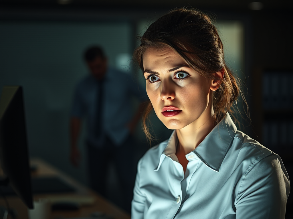 reporting-sexual-harassment-at-work-man-stalking-woman-scared – End Workplace Abuse